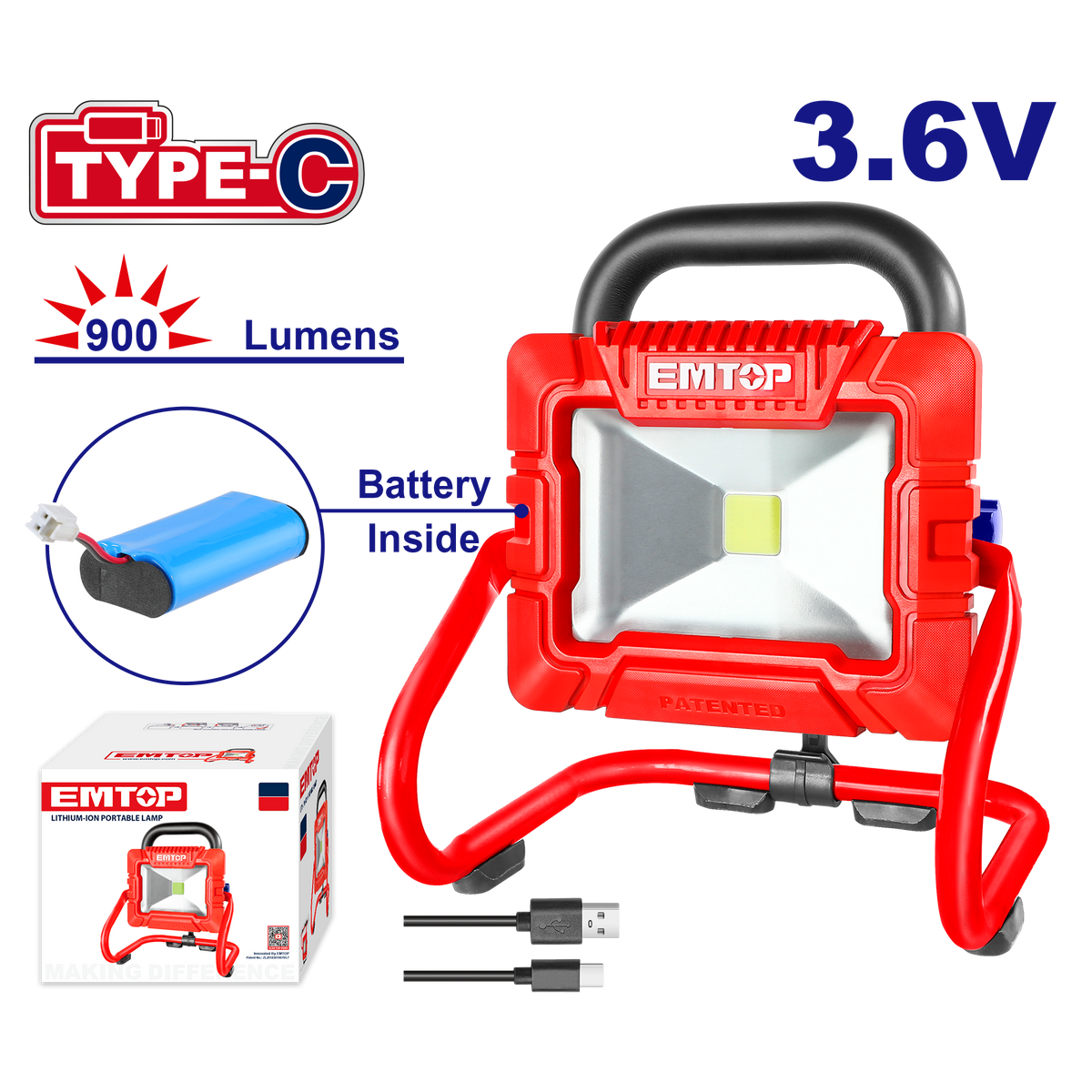 Lámpara de trabajo recargable 10W Emtop ELWL4415– LA CASA DEL TELEFONO